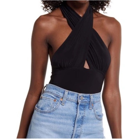 Oped Edit | Tops | Open Edit Wrap Neck Halter Bodysuit In Black Medium ...
